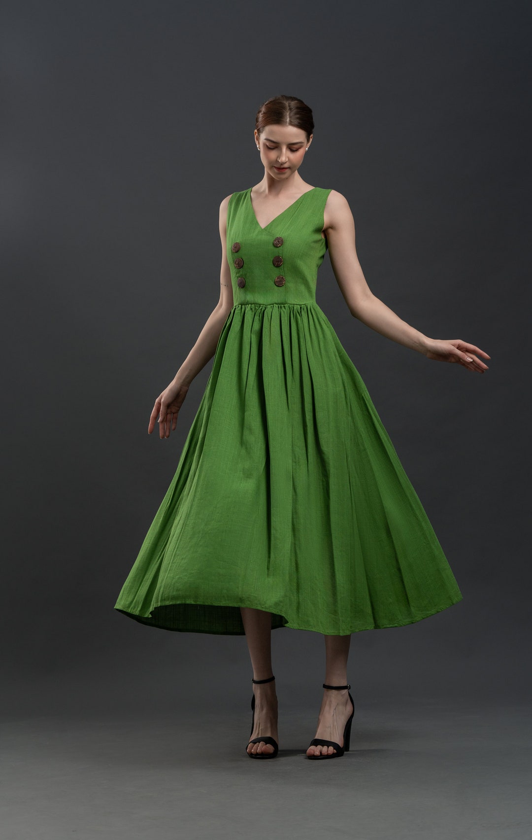 V Neck Linen Dress LARA Tea-length Sundress Summer & Autumn Chic ...