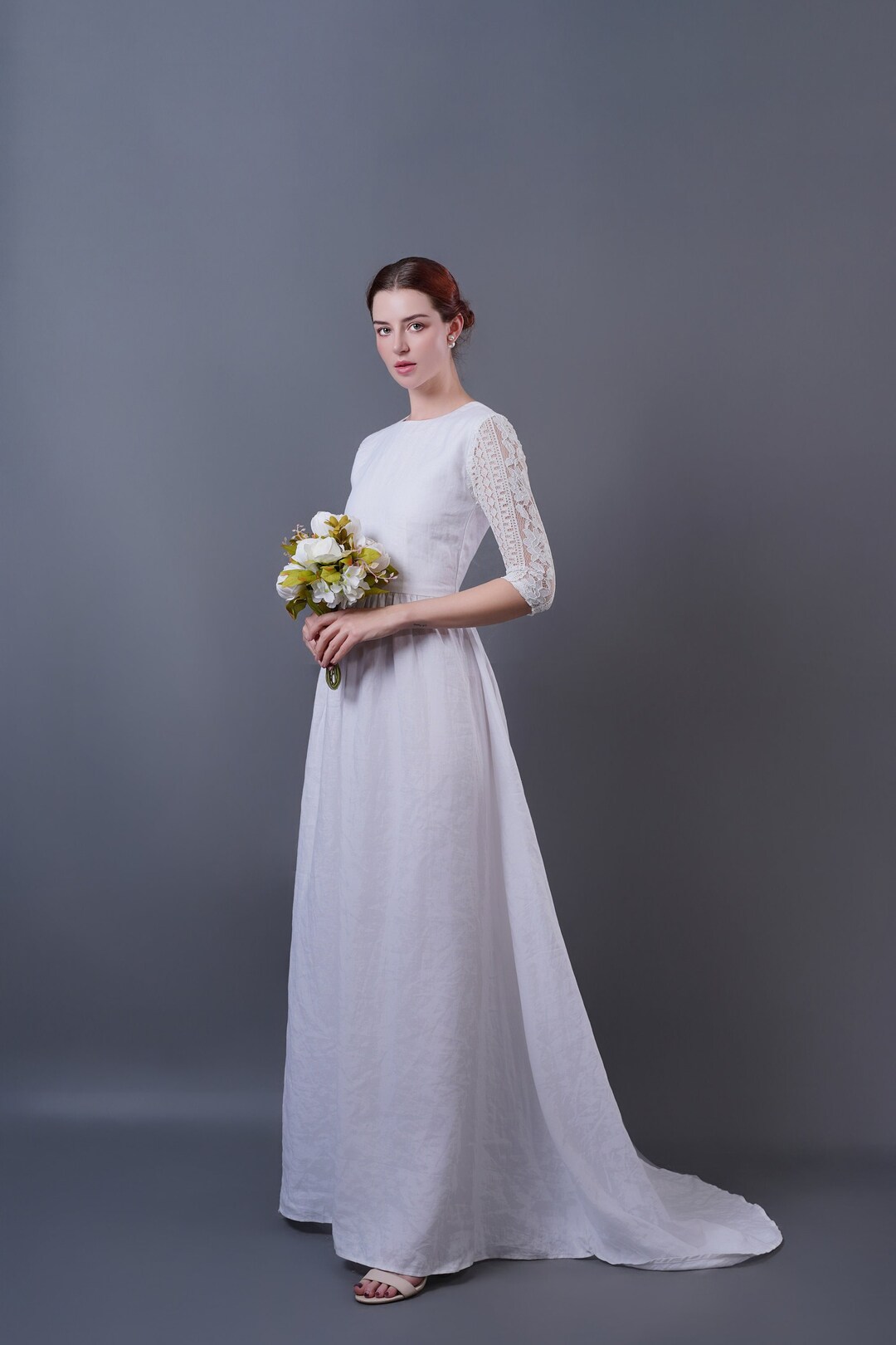 Linen Wedding Dress LOVE, Linen and Lace Gown, Modest Wedding Dress ...