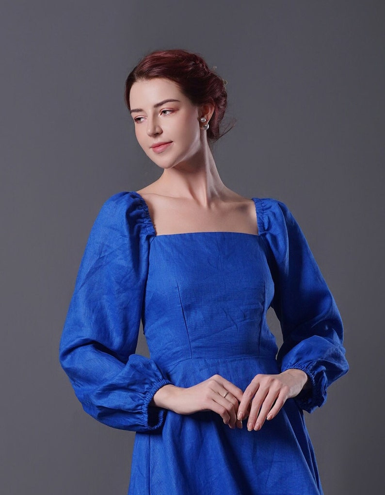 Linen Dress CHARM, Puffed Sleeve Crossed Back Dress, Modest Wedding ...