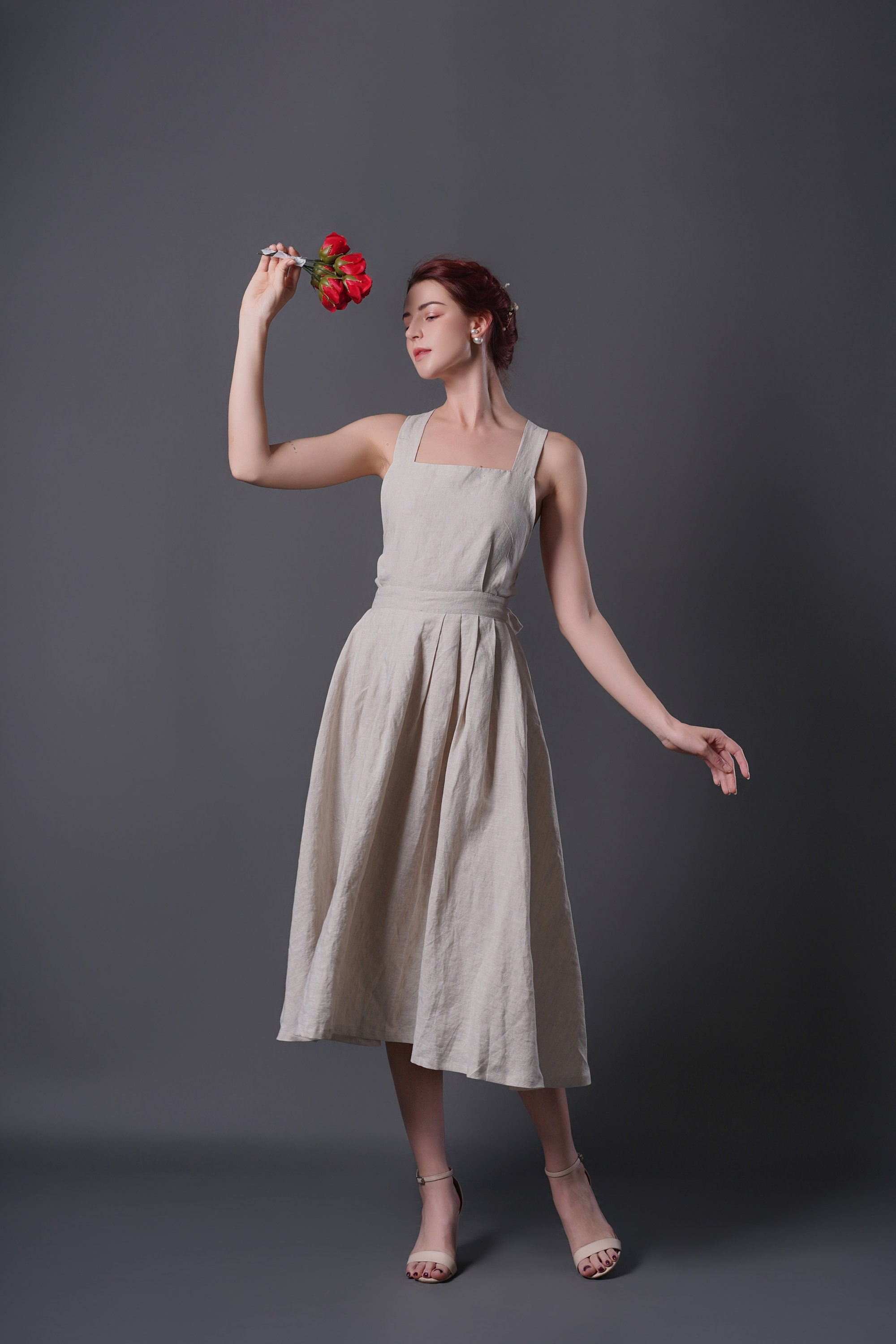 Crossed Back Linen Dress BALI, Summer Linen Dress, Linen Midi Dress ...