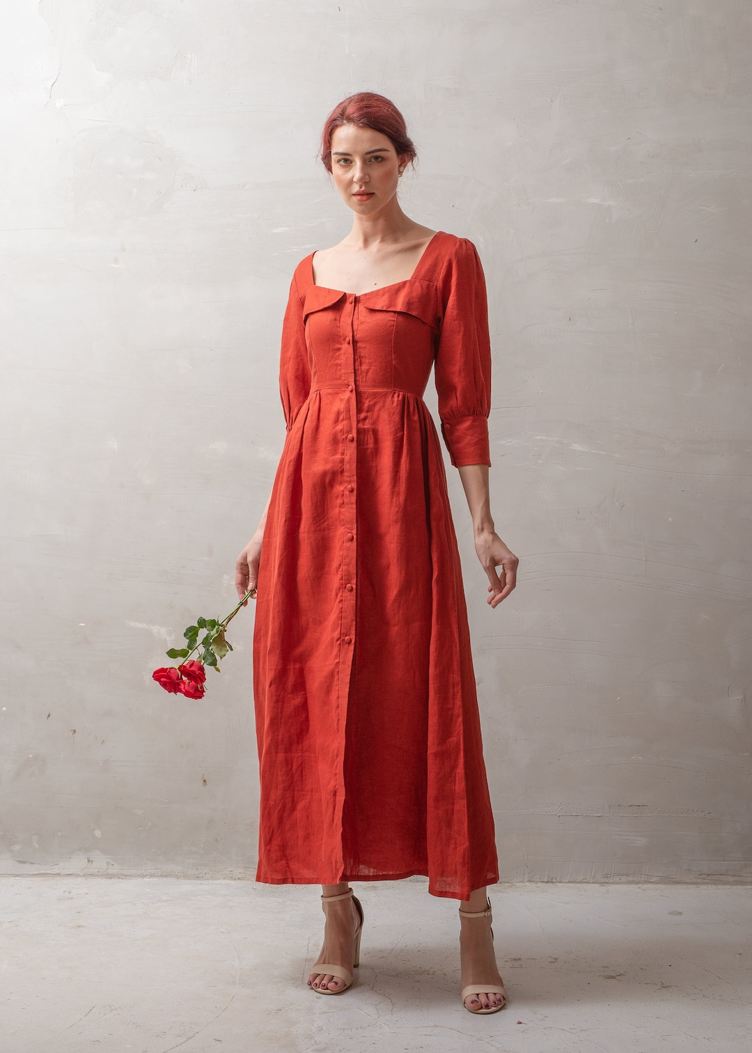 Linen Dress ROMANCE, Vintage Linen Dress, Red Linen Dress, Fall Linen ...