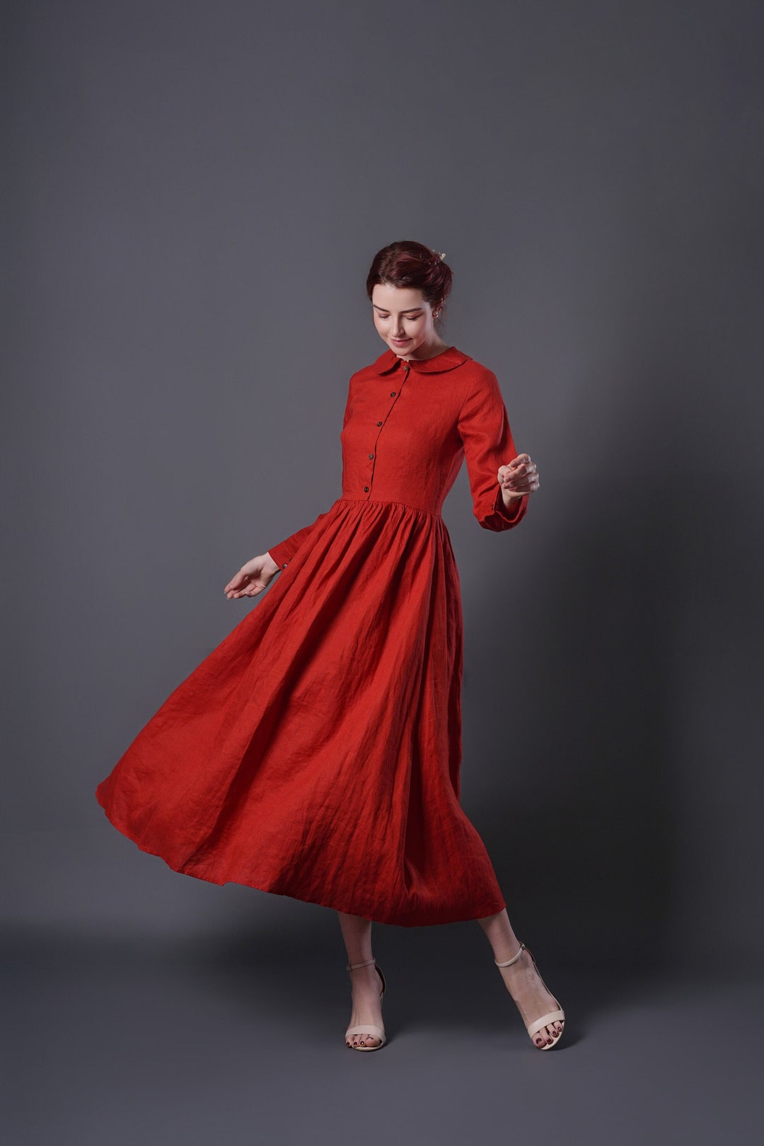 Linen Dress PETER PAN, Vintage Linen Dress, Red Linen Dress, Linen ...
