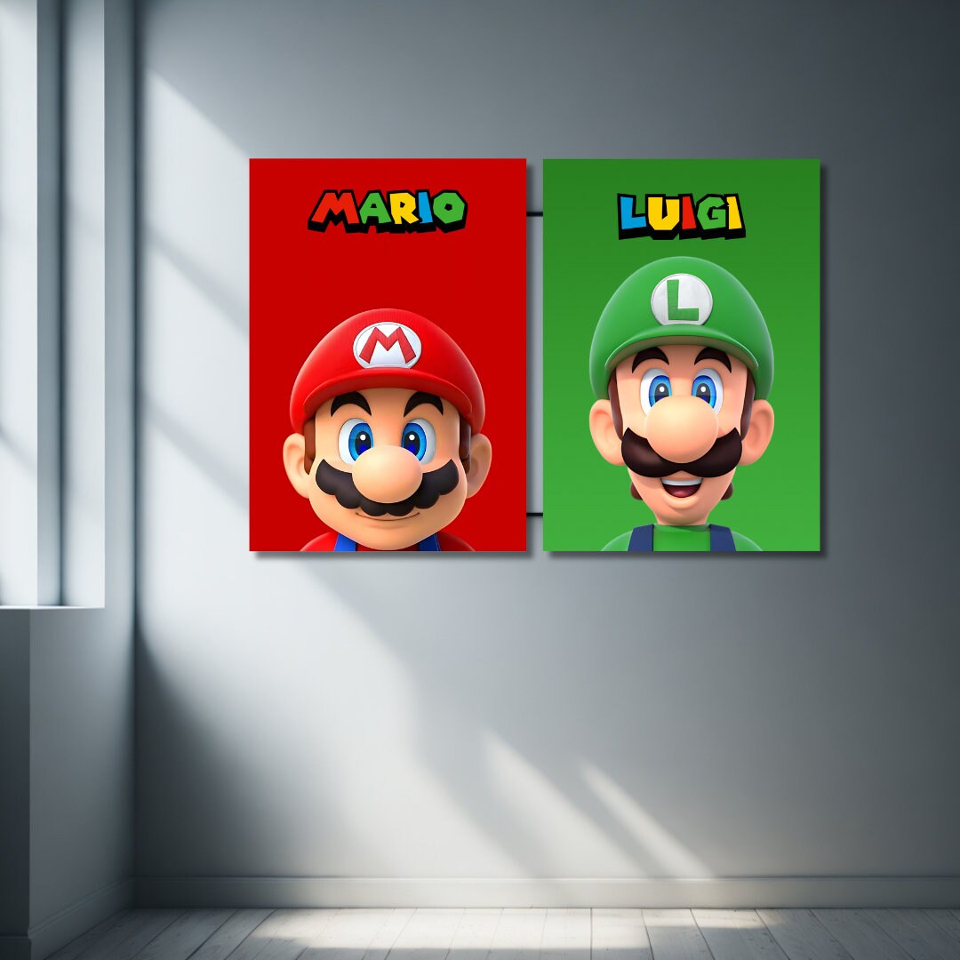 Super Mario Bros Digital Poster Set of 2 Mario and Luigi Poster Vintage ...