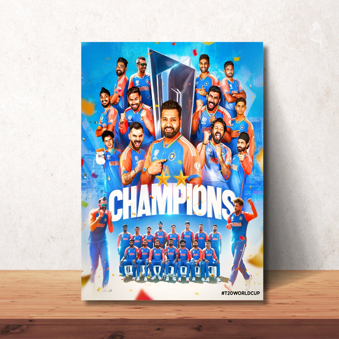 Indian Cricket Team T20 World Cup 2024 Champions Poster Team India ...
