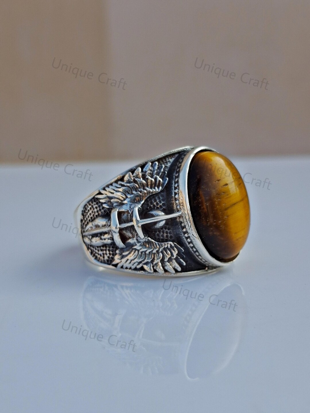 Saint Michael Archangel Ring: Brown Tiger's Eye, 925 Sterling Silver ...