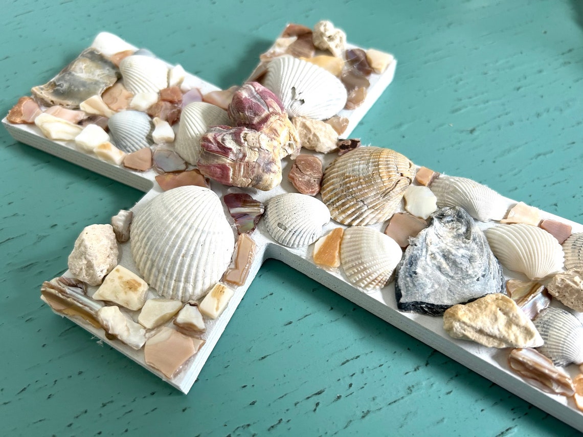 Shell Cross, Seashell Craft, Seashell Art, Wood Shell Cross, Beach Gift ...