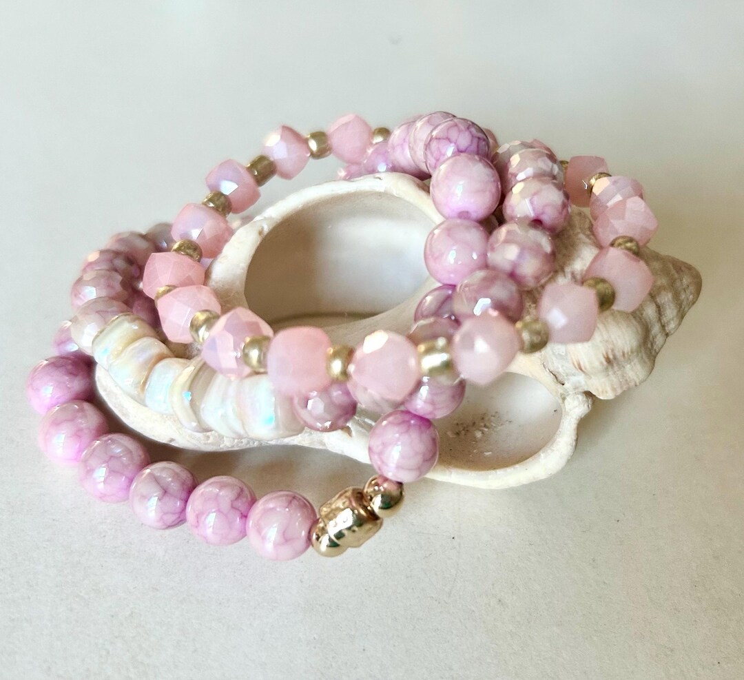 Pink Bracelet Stack, Shell Beads, Pink Glass Beads, Nautical Beach ...