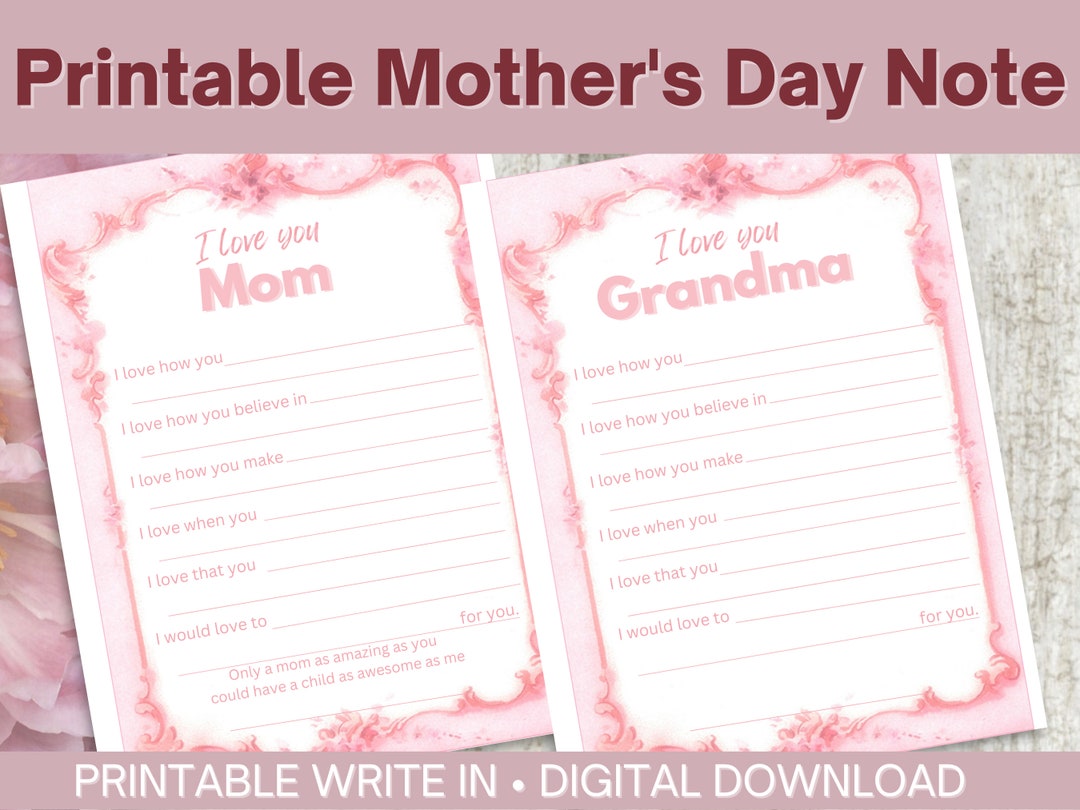 Printable Fillable Mother's Day Note | Instant Download - Etsy