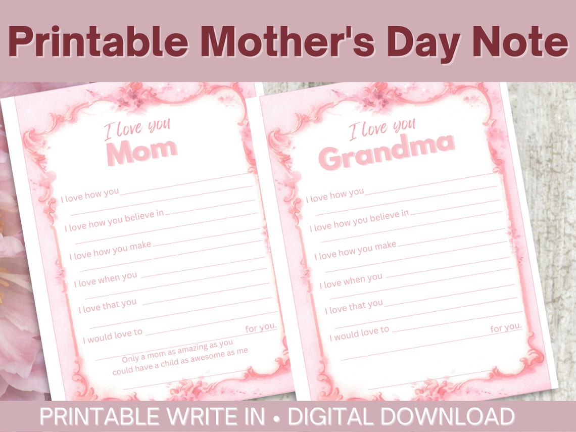 Printable Fillable Mother's Day Note | Instant Download - Etsy