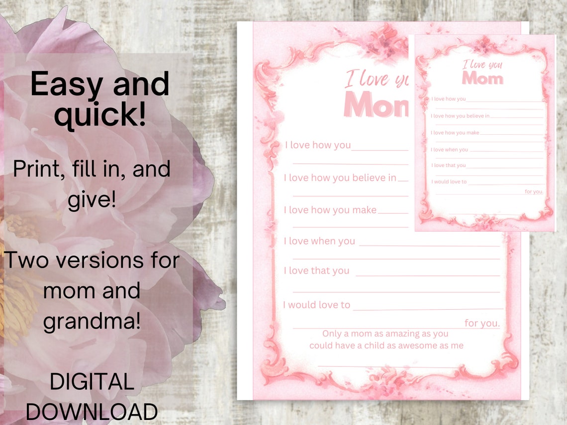 Printable Fillable Mother's Day Note Instant Download - Etsy