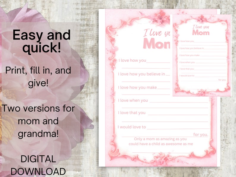 Printable Fillable Mother's Day Note | Instant Download - Etsy