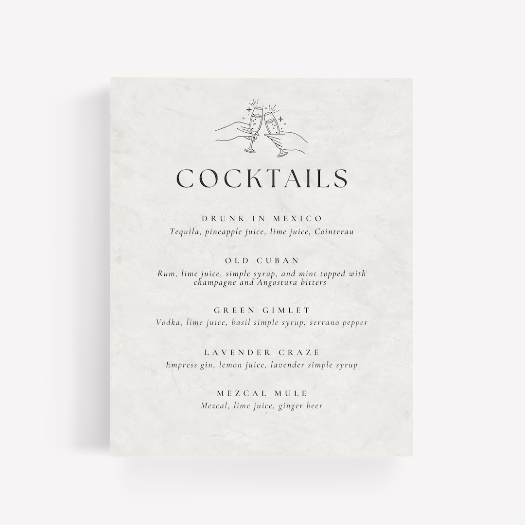 Wedding Signature Cocktail Bar Menu Template: Minimalist Marble Design ...
