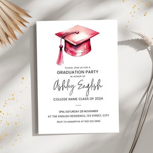 Graduation Invitation Template, Class of 2024, Pink Graduation Hat ...