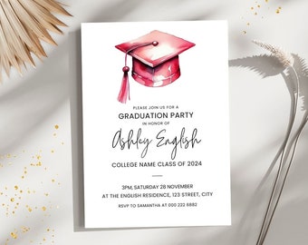 Graduation Invitation Template, Class of 2024, Pink Graduation ...