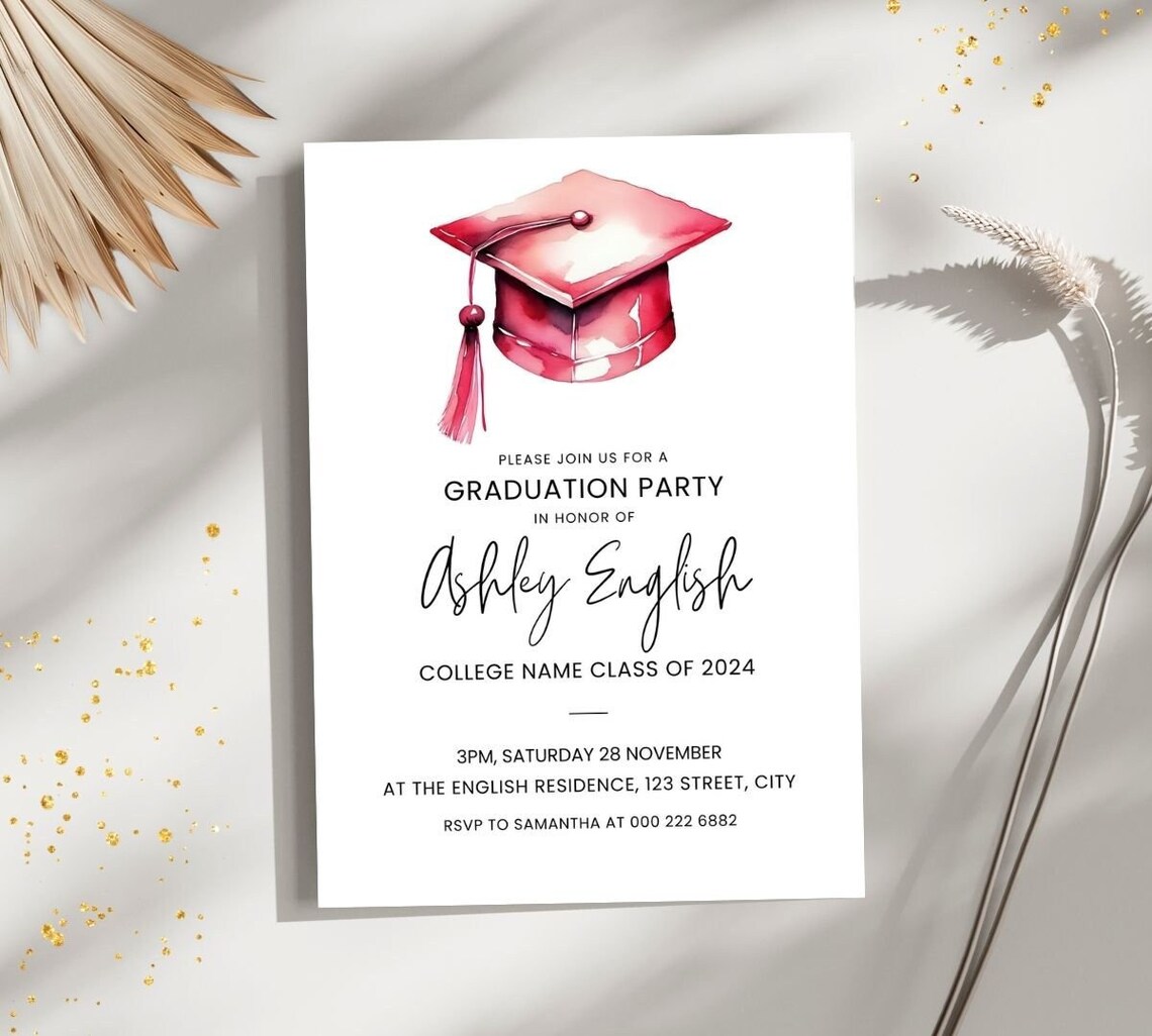 Graduation Invitation Template, Class of 2024, Pink Graduation Hat ...