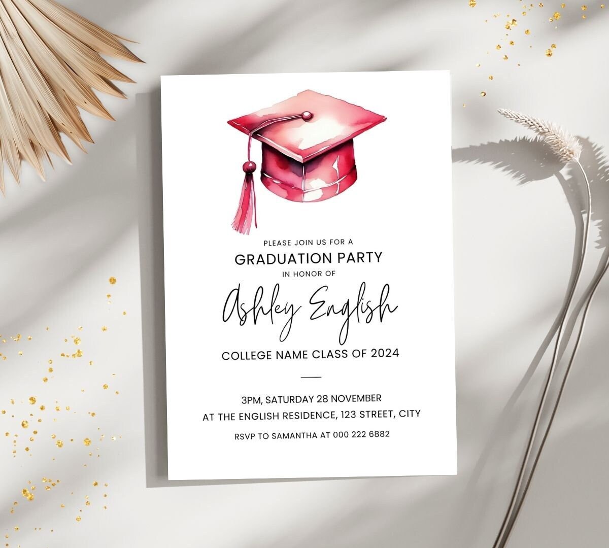 Graduation Invitation Template, Class of 2024, Pink Graduation Hat ...