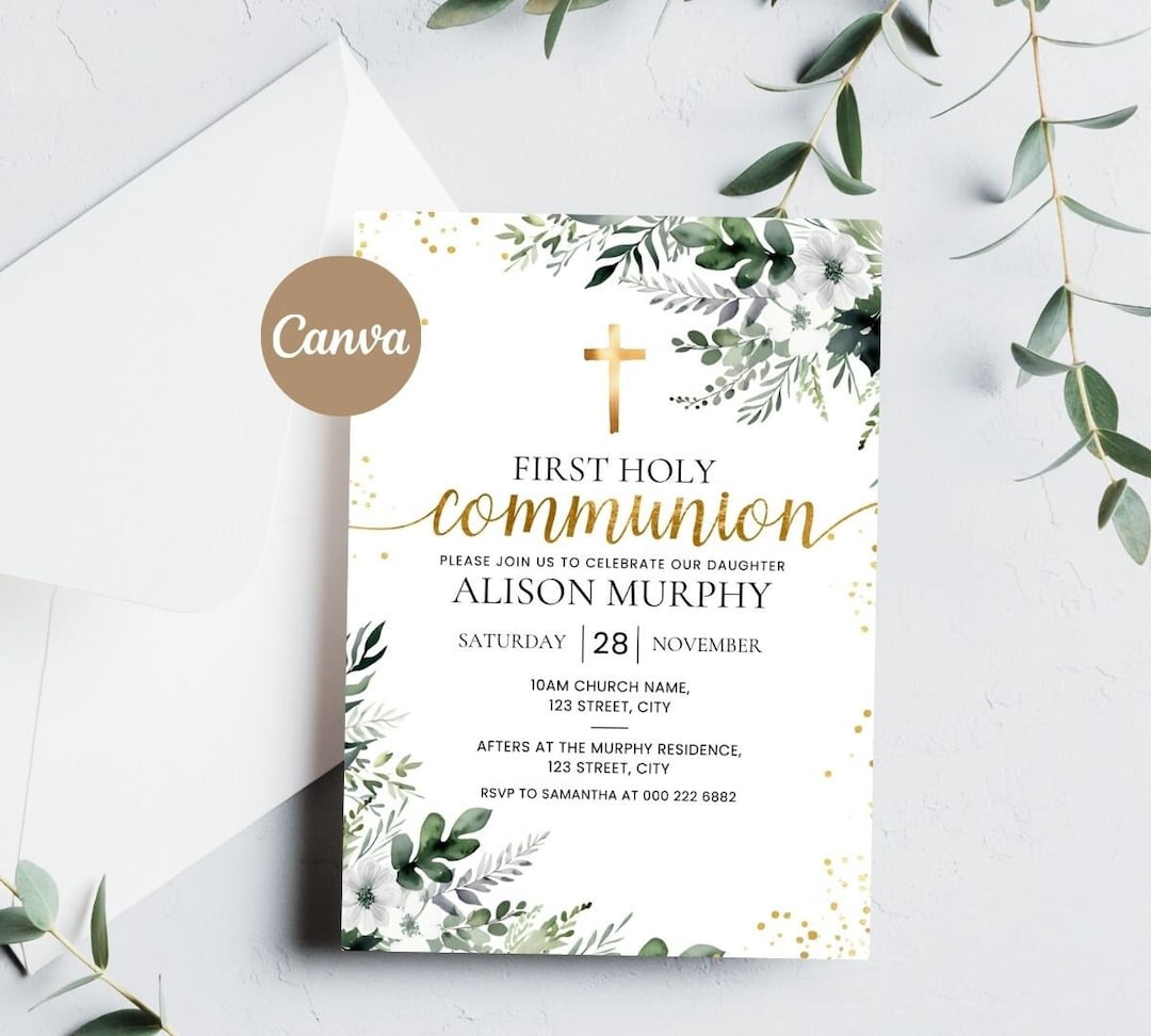 First Communion Invitation Template, Flower Watercolor Communion Invite ...