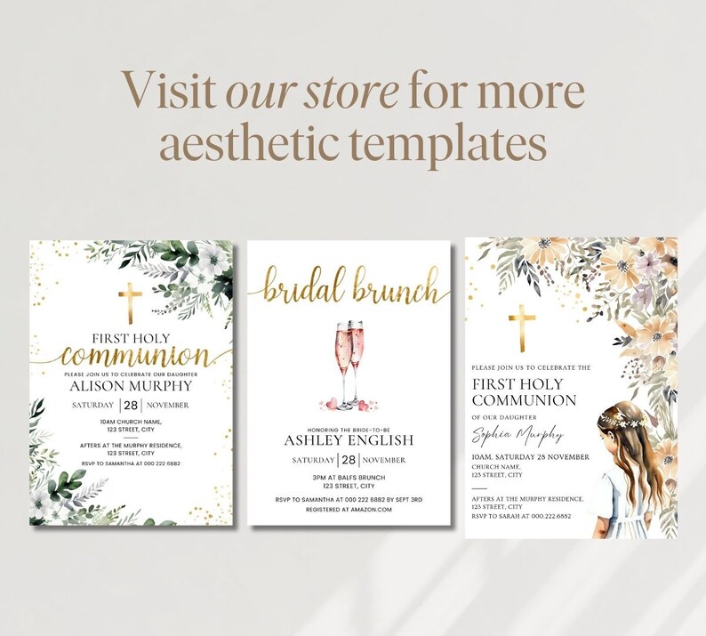 First Communion Invitation Template, Flower Watercolor Printable ...