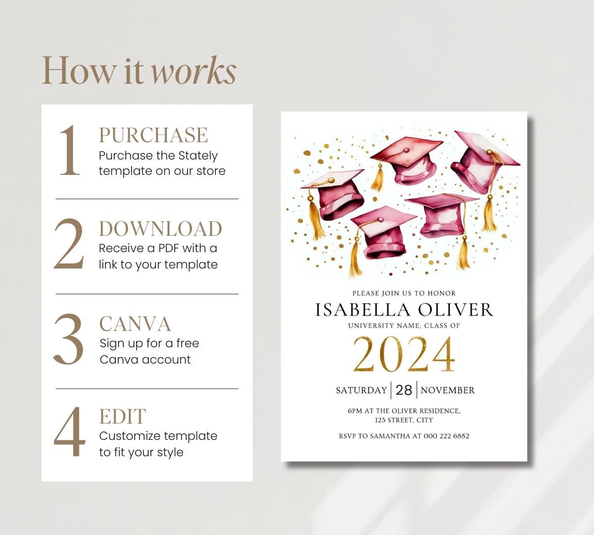 Graduation Invitation Template, Class of 2024, Pink Graduation ...