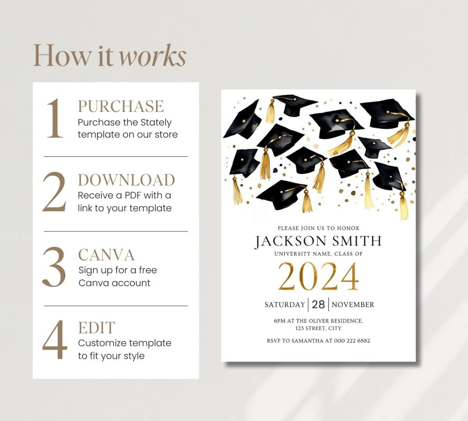 Class of 2024 Graduation Invitation Template, Grad Party Invite, Gold ...