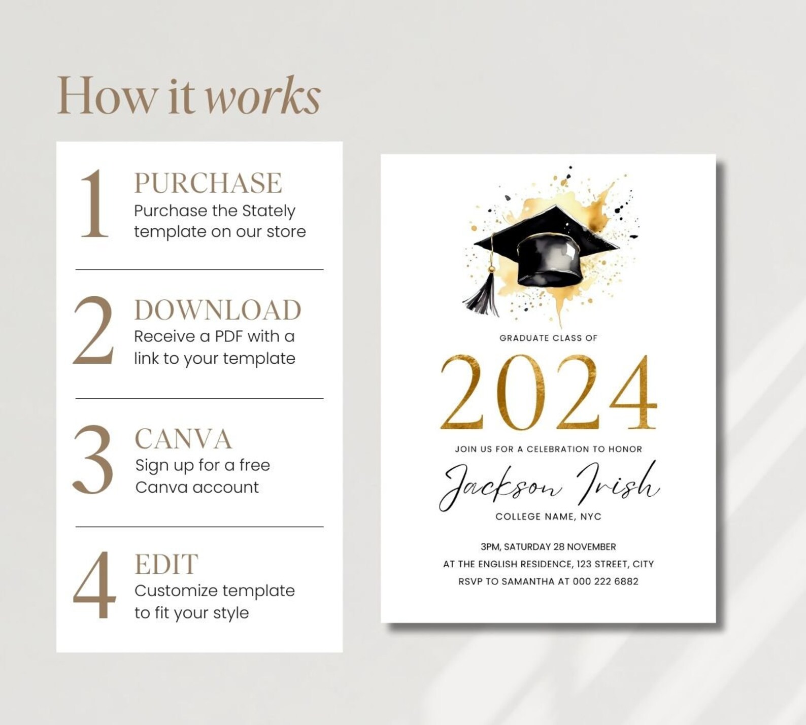 Class of 2024 Graduation Invitation Template, Grad Party Invite, Gold ...