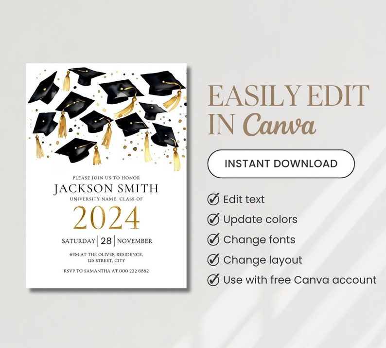 Class of 2024 Graduation Invitation Template, Grad Party Invite, Gold ...