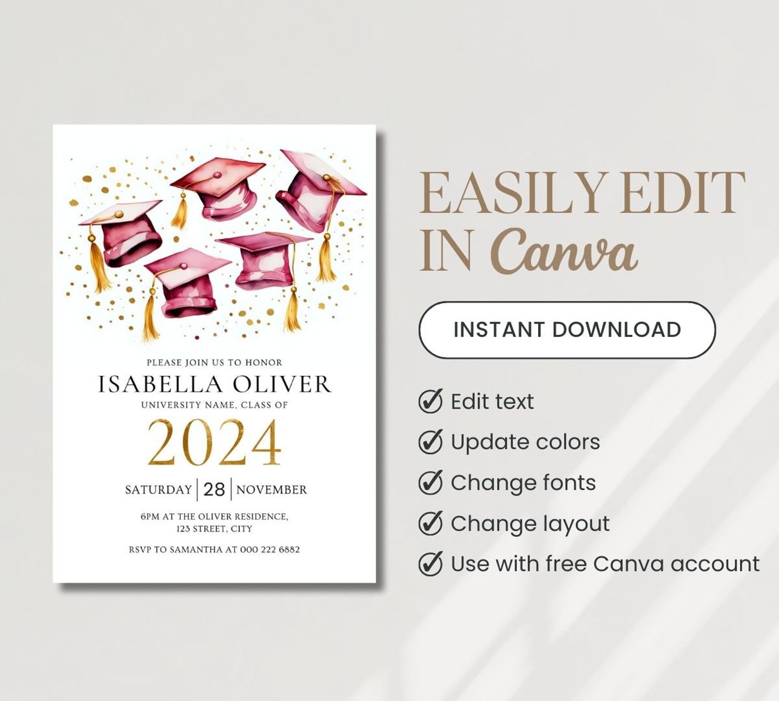 Graduation Invitation Template, Class of 2024, Pink Graduation ...