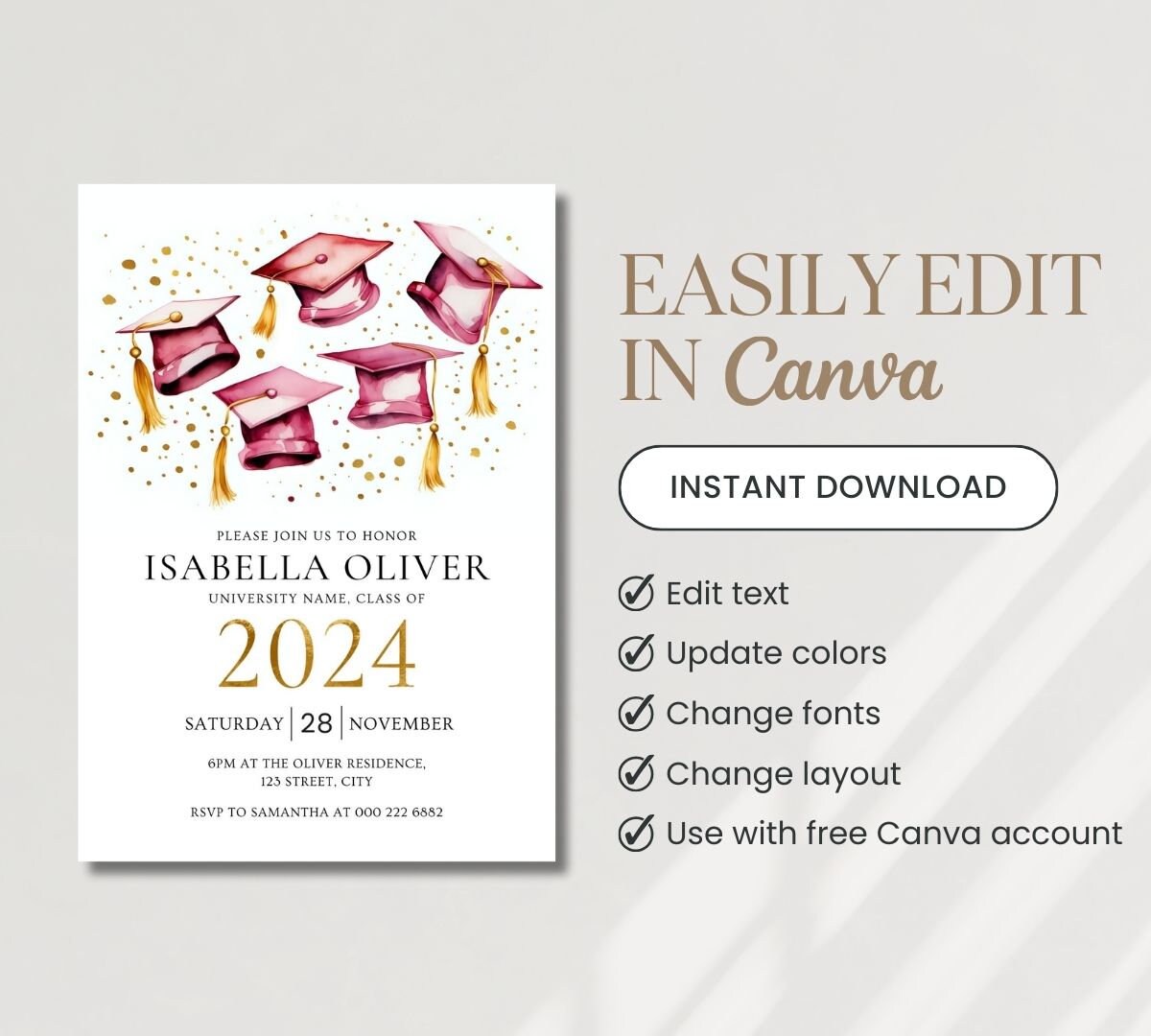 Graduation Invitation Template, Class of 2024, Pink Graduation ...