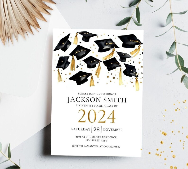 Class of 2024 Graduation Invitation Template, Grad Party Invite, Gold ...