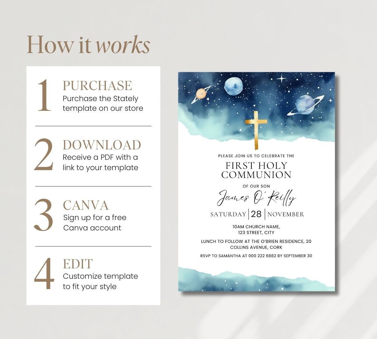 First Communion Invitation Boy, Printable Invitation Template, First ...