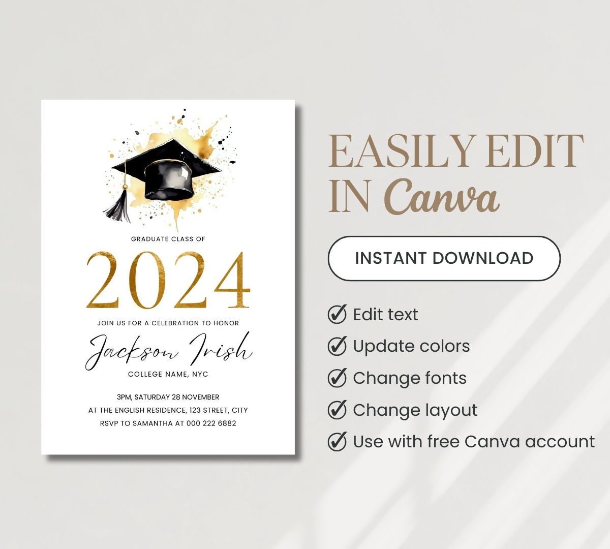 Class of 2024 Graduation Invitation Template, Grad Party Invite, Gold ...