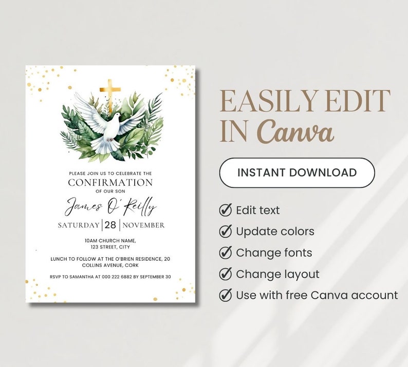 Confirmation Invitation Template, Greenery and Gold Confirmation Invite ...