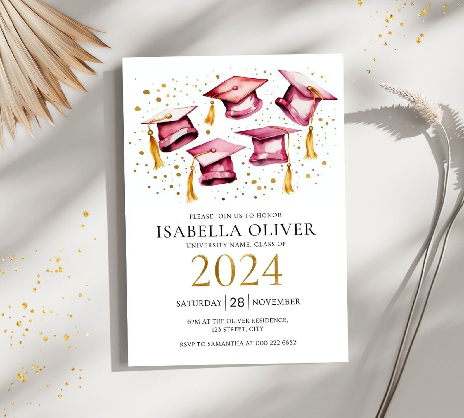 Graduation Invitation Template, Class of 2024, Pink Graduation ...