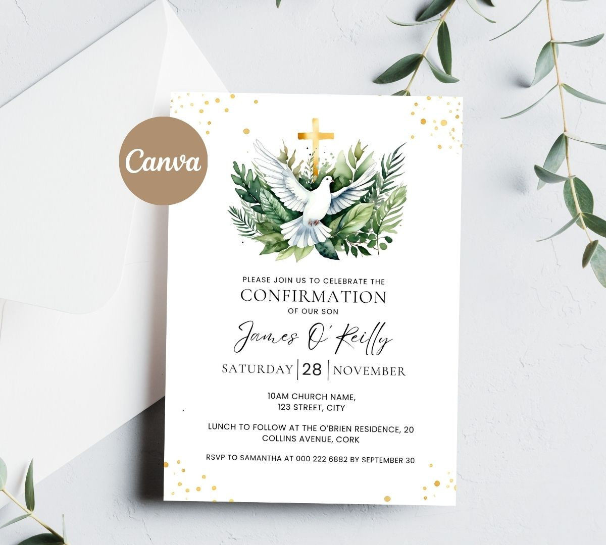 Confirmation Invitation Template, Greenery and Gold Confirmation Invite ...