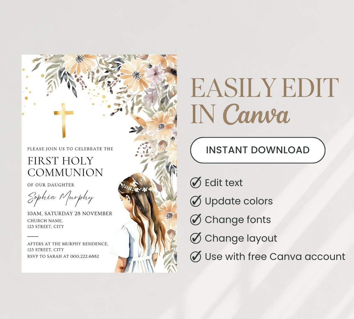First Communion Invitation Template, Flower Watercolor Printable ...