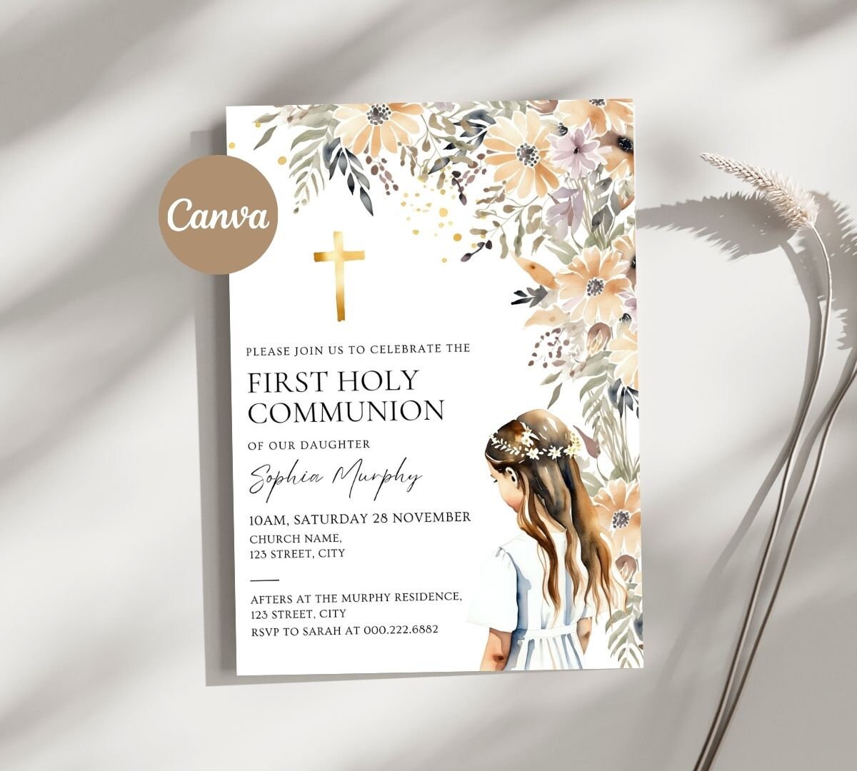 First Communion Invitation Template, Flower Watercolor Printable ...