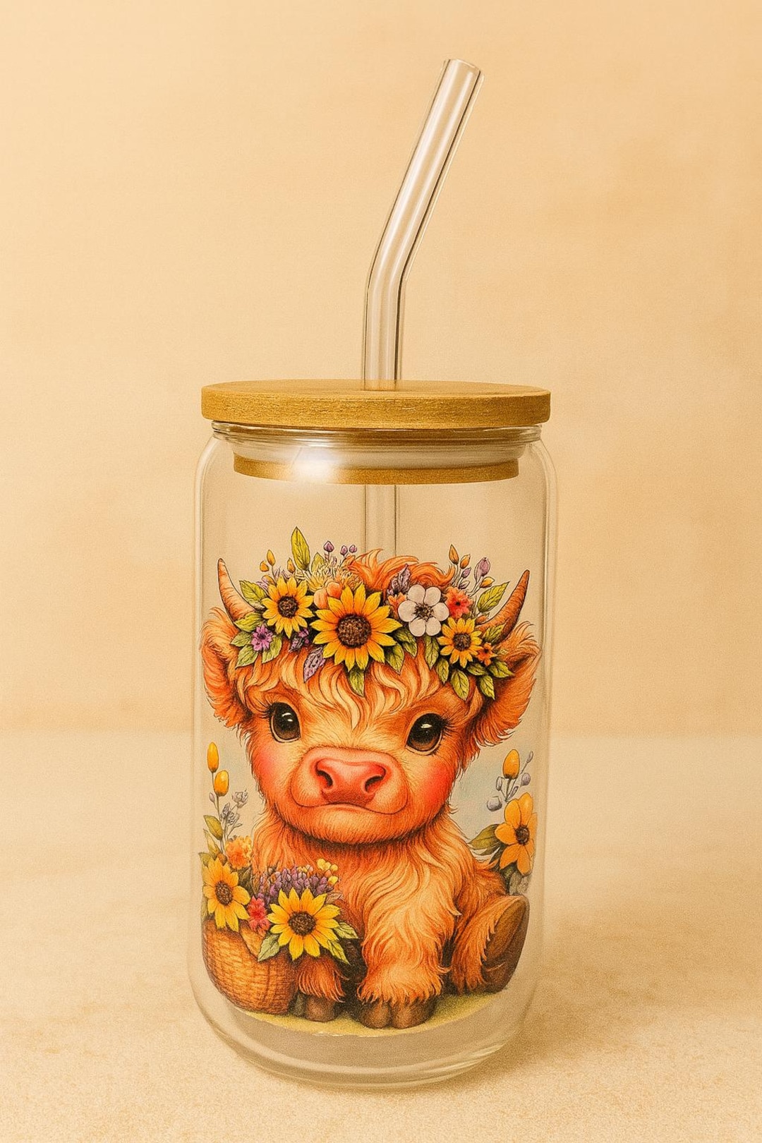 Highland Cow Glass Can | Flower Crown Cow Cup | 16oz Bamboo Lid Tumbler ...