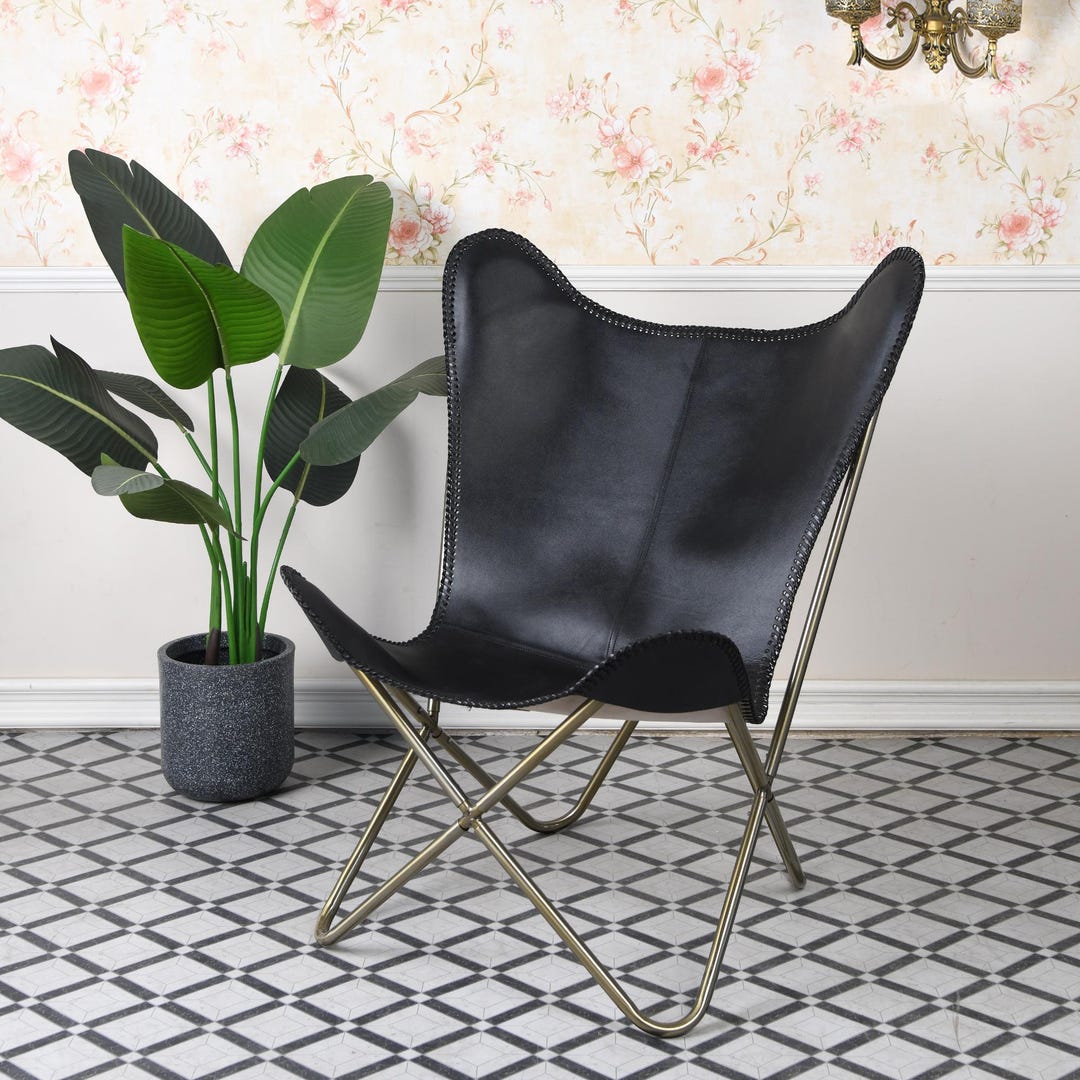 Buff Leather Black With Iron Frame Powder Copper Coated Butterfly Chair ...