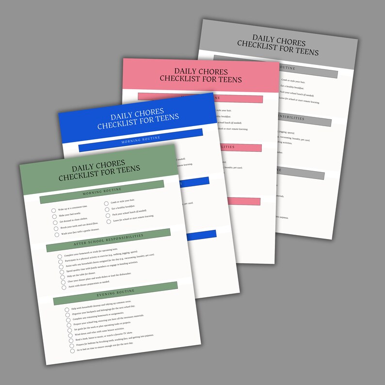 Daily Chore Checklist for Teens 5 Templates and Colors printable ...
