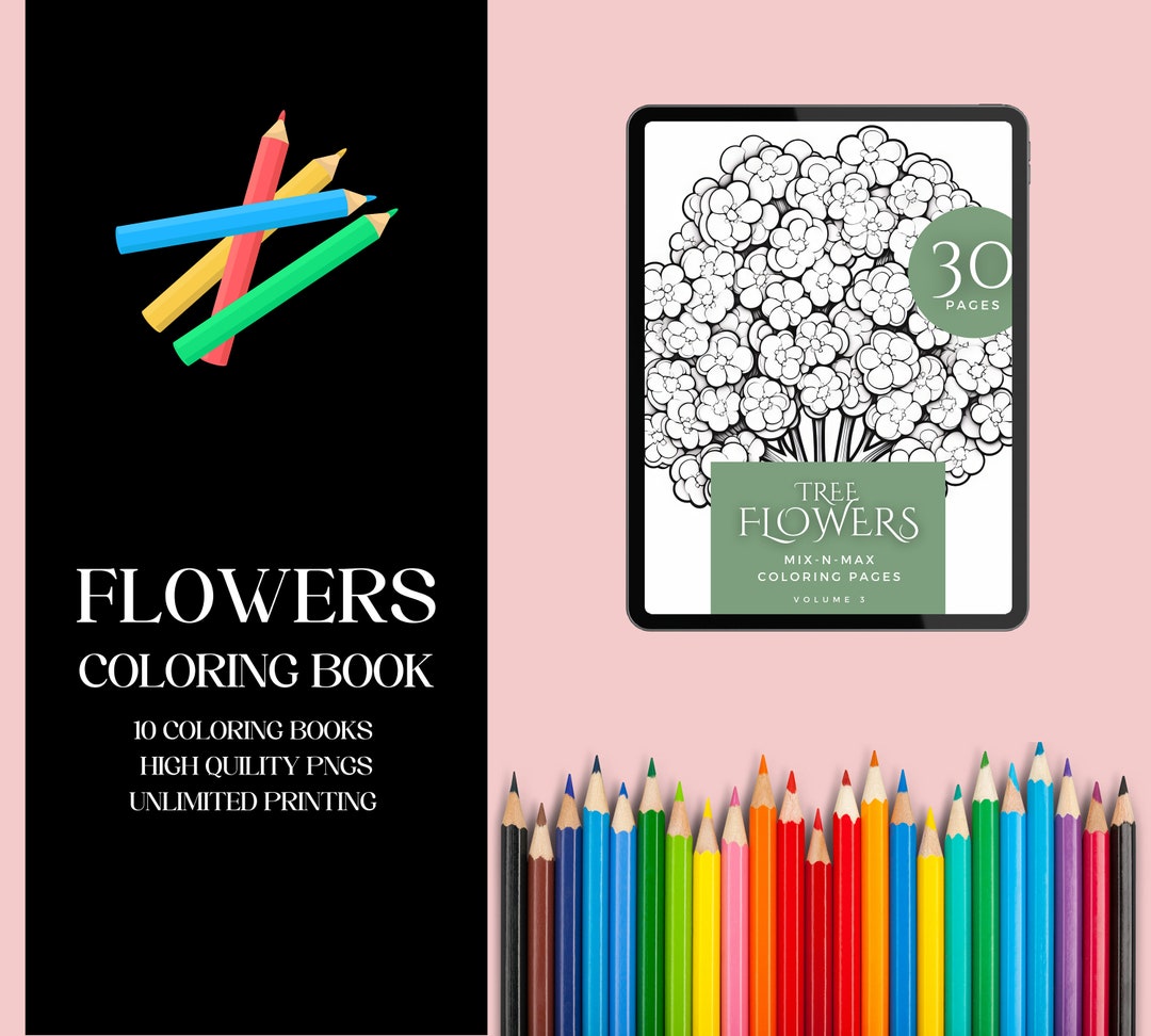 Beautiful Tree Flowers Coloring Book for Adults and Kids, Instant ...