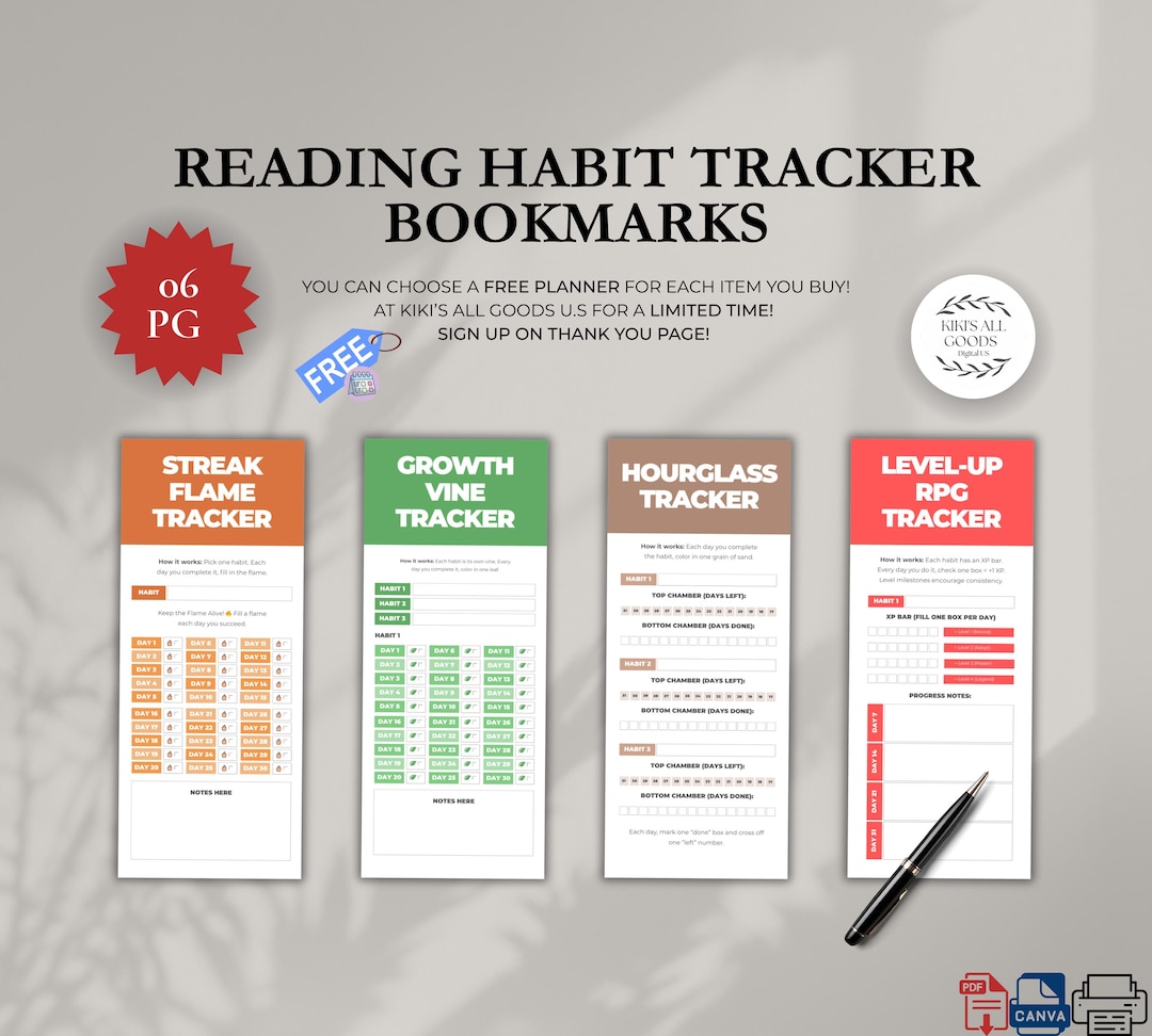 Reading Habit Tracker Bookmarks: Minimalist Printable Set (PDF & Canva ...