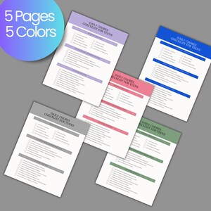 Daily Chore Checklist for Teens |5 Templates and Colors |printable ...