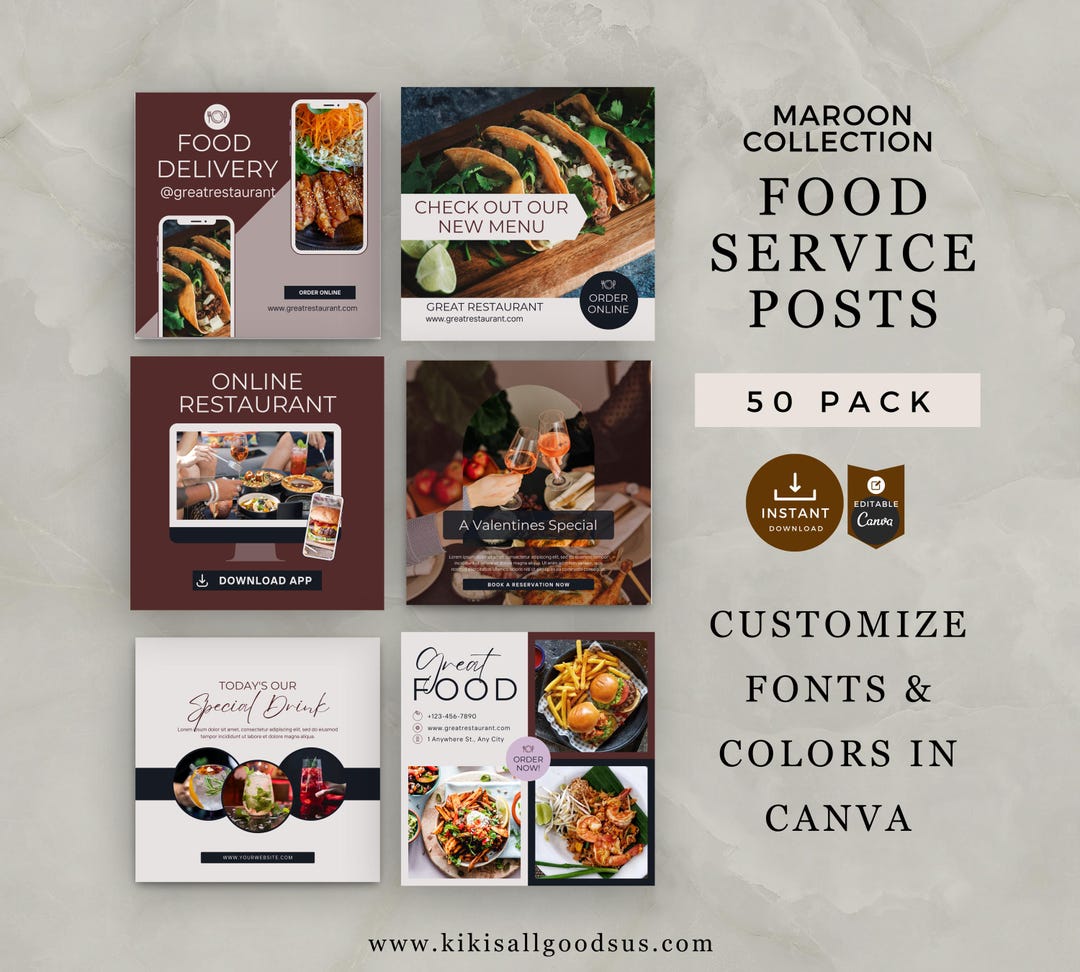 Maroon Food Service Instagram Post Templates: Canva Editable (digital ...