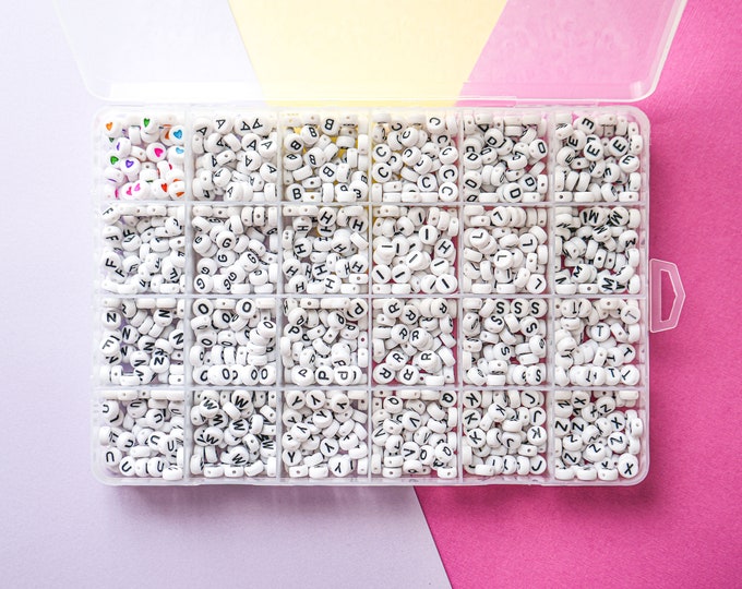 Acrylic Alphabet Letter Bead Kit, White W/ Black Letters, 1200 Pieces ...