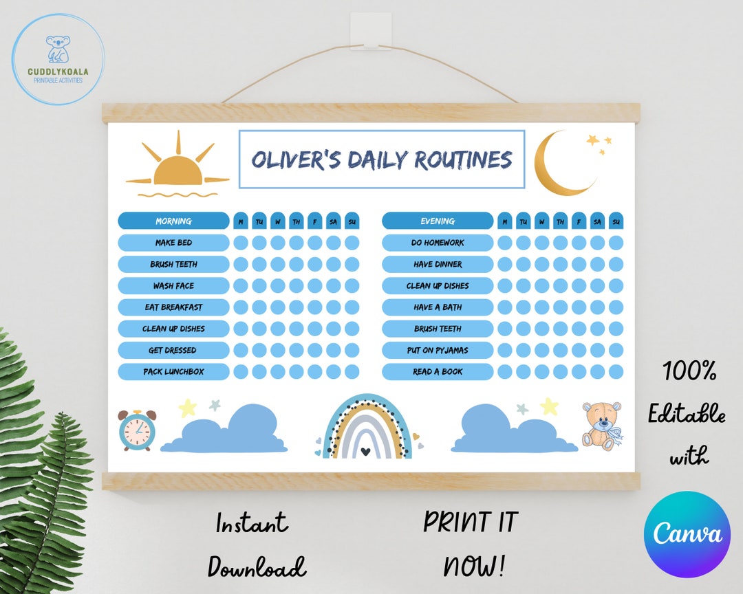 Daily Routine Chart for Kids Printable Blue, Digital Canva Template ...