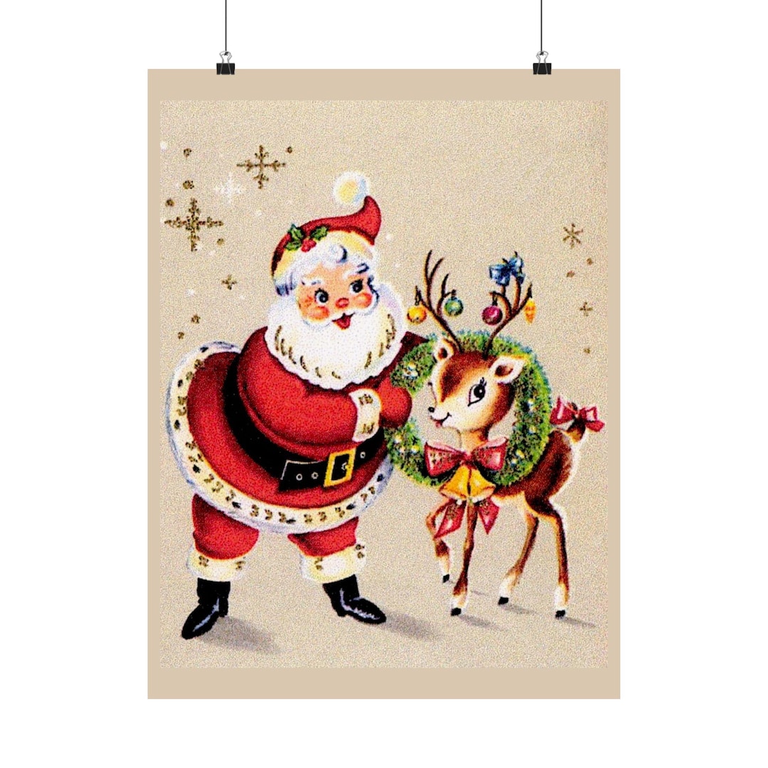 Vintage Santa and Reindeer Matte Vertical Posters, Christmas Wall Art ...