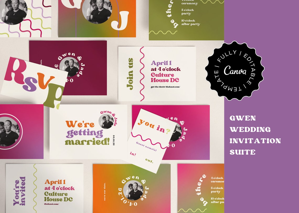 Wedding Invitation Gwen Collection Colorful Retro Editable Canva ...