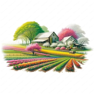 Spring Farm Clipart: Floral Fields, Barn Art (digital Download) - Etsy