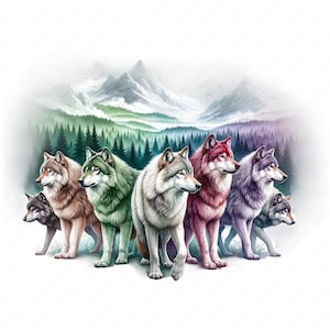 Colorful Wolf Pack Clipart | Vibrant Wolf Pack Clipart Bundle | 10 High ...