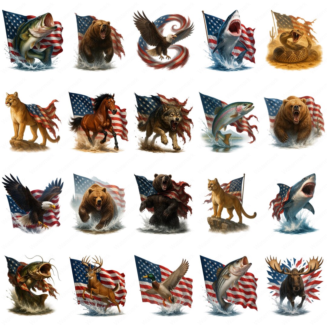 Patriotic Animal Clipart, 20 PNG Designs, American Flag Wildlife Art ...